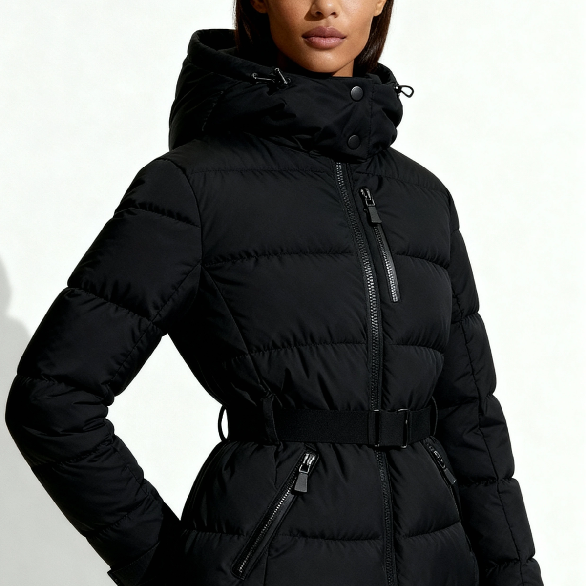 Novara │ Lavencio Women’s Black Puffer Jacket – Belted Winter Coat with Hood - Ski & Winter Jacket