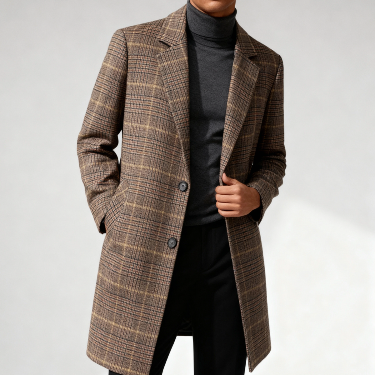 Lavencio Men’s Brown Plaid Wool Blend Overcoat – Tailored Long Coat ...