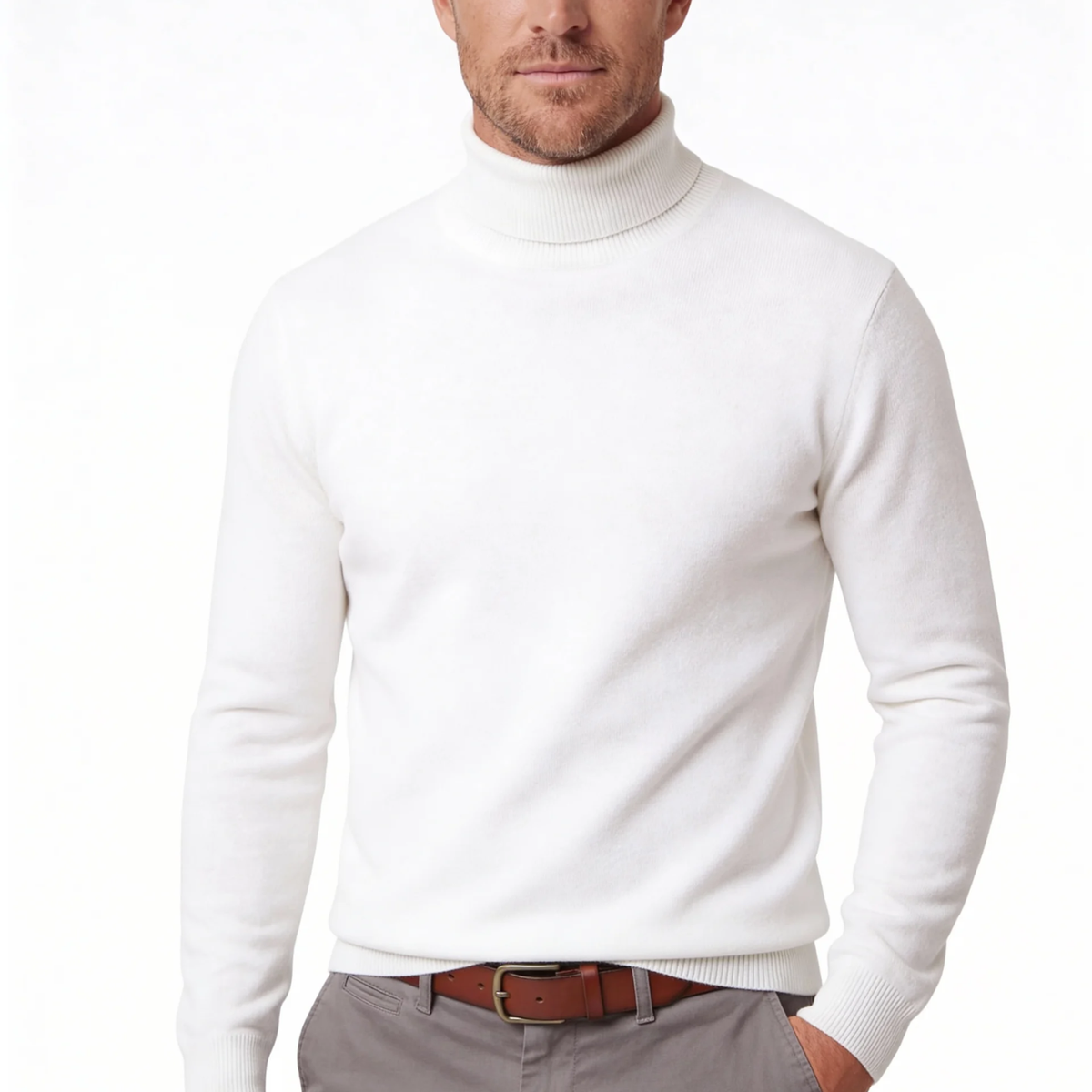 Merino Wool Turtleneck Sweater for Men | White Premium Warm Knit – Lavencio